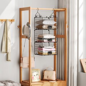 Sonyabecca 3-Tier Hanging Closet Organizer with Name Plate, Clothes Hanging Shelves 5 S Hooks, Wall Mount & Cabinet Foldable Wire Storage Basket, for Clothing Sweaters Handbags