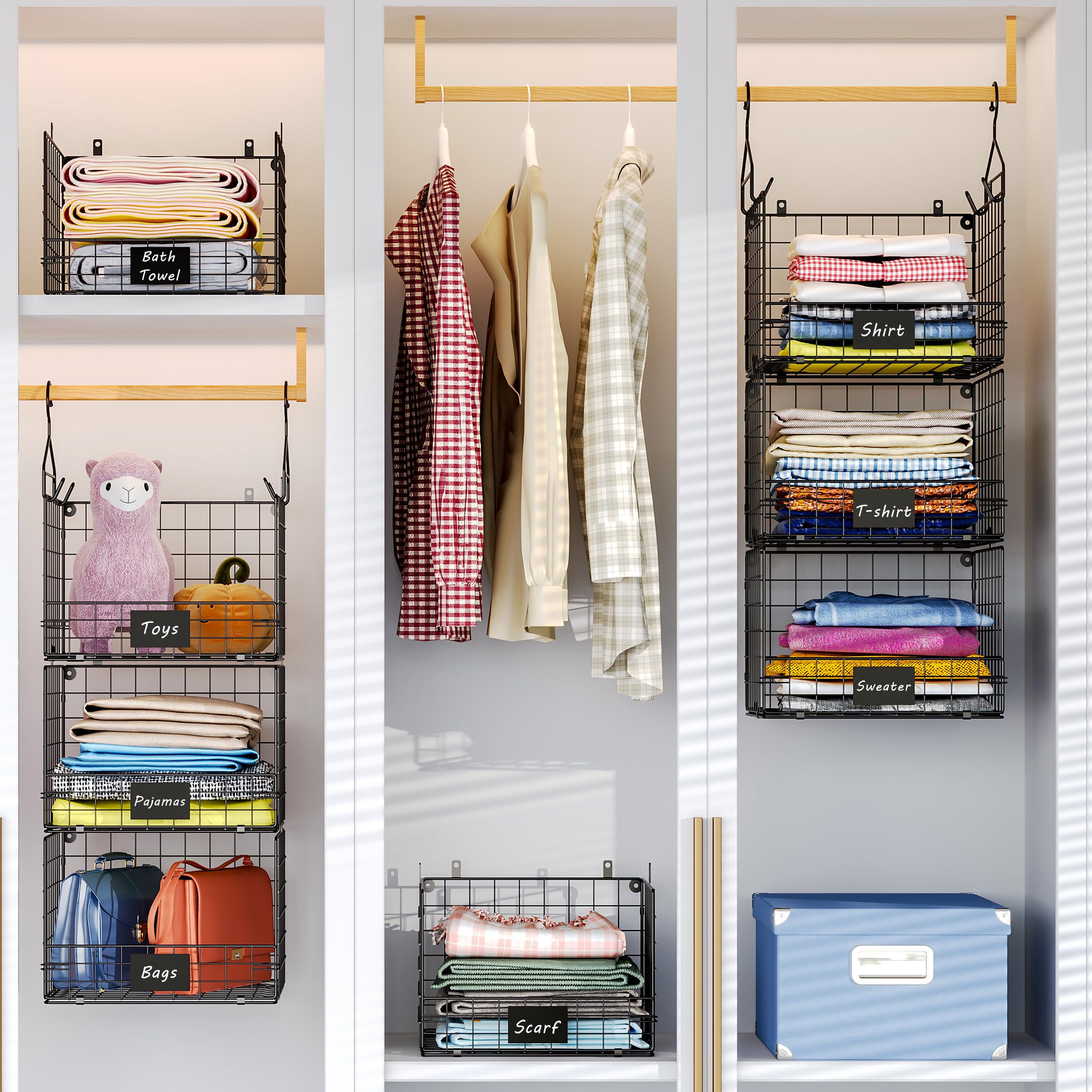 Sonyabecca 3-Tier Hanging Closet Organizer with Name Plate, Clothes Hanging Shelves 5 S Hooks, Wall Mount & Cabinet Foldable Wire Storage Basket, for Clothing Sweaters Handbags