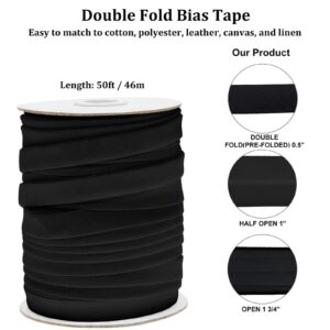 Double Fold Bias Tape Bias Binding Tape for Sewing, Seaming, Hemming, Piping, Quilting, 1/2 Inch x 50 Yards (Black)