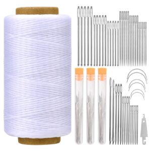 leather sewing waxed thread，waxed thread cord 273 yards，wax string set with 50 pcs hand sewing needles，flat wax thread for book binding,leather diy project （originalwhite）