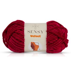 sensy velvet yarn for crocheting, baby blanket yarn, chenille yarn, amigurumi yarn, 3.5 oz, 132 yards, gauge 5 bulky (cherry red)