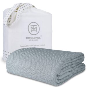 Threadmill Luxury Cotton Blankets for Twin Size Bed | All-Season 100% Cotton Twin Blanket for Bed | Herringbone Lightweight, Soft & Cozy Fall Thermal Blanket, 350GSM, 68x92 inches | Scottish Grey