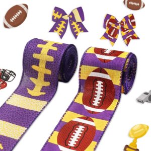 threetols 2 rolls 10 yards football wired edge ribbons, 2.5inch purple yellow stripe burlap ribbons, fall brown sport ribbon for super football bowl diy craft fall wreath bow decor