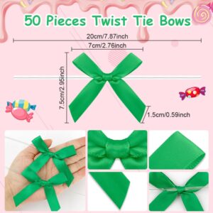 50 Pack Green Twist Tie Bow, Satin Ribbon Bows Small Bows for Crafts, Mini Bowties Bowknot for Gifts DIY Decorations Treat Bags, Gift Wrap Bags, Bakery Cookie Candy Bags Party Favors Packaging Bows