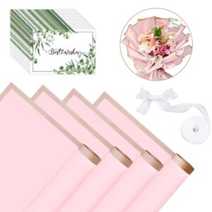 yoqipati 20 sheets flower wrapping paper, 22.8x22.8 inch waterproof floral bouquet wrapping paper with ribbon and gift cards for valentine's day wedding birthday diy crafts gift(pink)