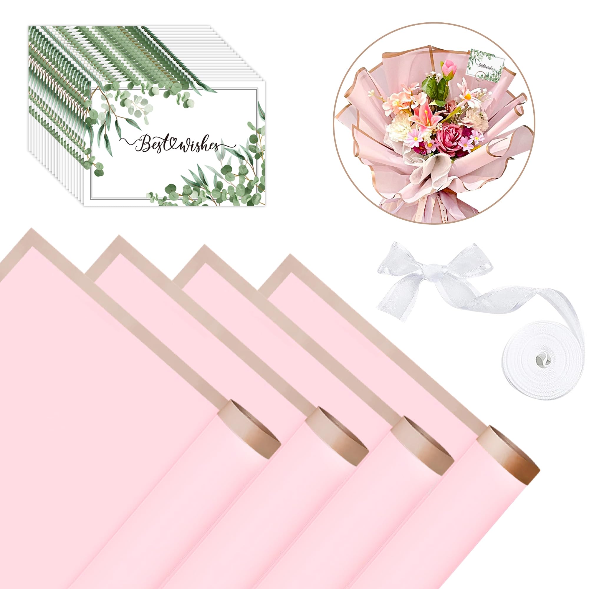 Yoqipati 20 Sheets Flower Wrapping Paper, 22.8x22.8 Inch Waterproof Floral Bouquet Wrapping Paper with Ribbon and Gift Cards for Valentine's Day Wedding Birthday DIY Crafts Gift(Pink)