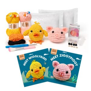 abudada craftori crochet kit for beginners - complete starter kit with easy to stitch yarn, step by step video tutorials - perfect diy gift - 2 animals, bird and piggy