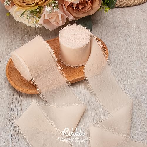 Ribbli Champagne Chiffon Ribbon 2 Inch x 20 Yard Handmade Fringe Chiffon Silk Ribbon Nude Ribbon for Gifts Wrapping, Wedding Invitations, Bridal Bouquets, Flower Arrangement