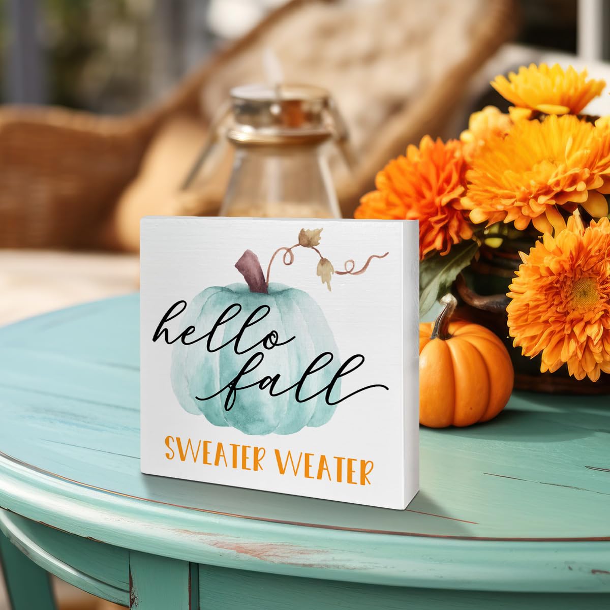 Hello Fall Table Wooden Box Sign Decor, Sweater Weather, Autumn Table Decor Fall Pumpkin Farmhouse Tabletop Decorations for Home Office Harvest Thanksgiving Rustic Desk Decor