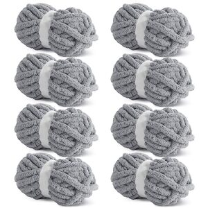 hombys light grey chunky chenille yarn for crocheting, bulky thick fluffy yarn for knitting,super bulky chunky yarn for hand knitting blanket, soft plush yarn, 8 jumbo pack (27yds,8 oz each skein)