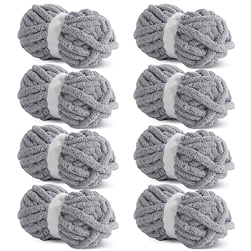 HOMBYS Light Grey Chunky Chenille Yarn for Crocheting, Bulky Thick Fluffy Yarn for Knitting,Super Bulky Chunky Yarn for Hand Knitting Blanket, Soft Plush Yarn, 8 Jumbo Pack (27yds,8 oz Each Skein)