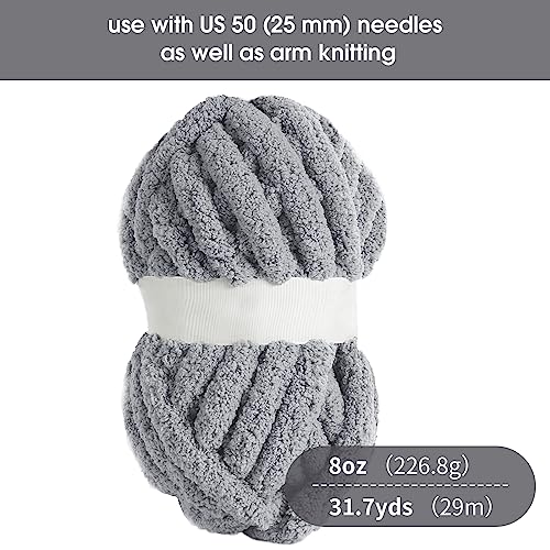 HOMBYS Light Grey Chunky Chenille Yarn for Crocheting, Bulky Thick Fluffy Yarn for Knitting,Super Bulky Chunky Yarn for Hand Knitting Blanket, Soft Plush Yarn, 8 Jumbo Pack (27yds,8 oz Each Skein)