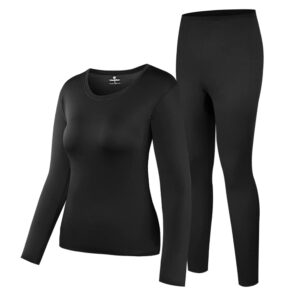 herobiker women's thermal underwear set, ultra soft thermal shirt top bottom long johns with fleece lined - winter base layer sets (black s