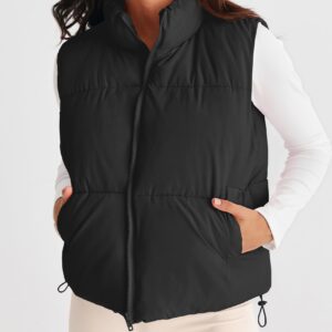 MEROKEETY Women's Quilted Puffer Vest Lightweight Stand-up Collar Soild Color Warm Outewear, Black, Large