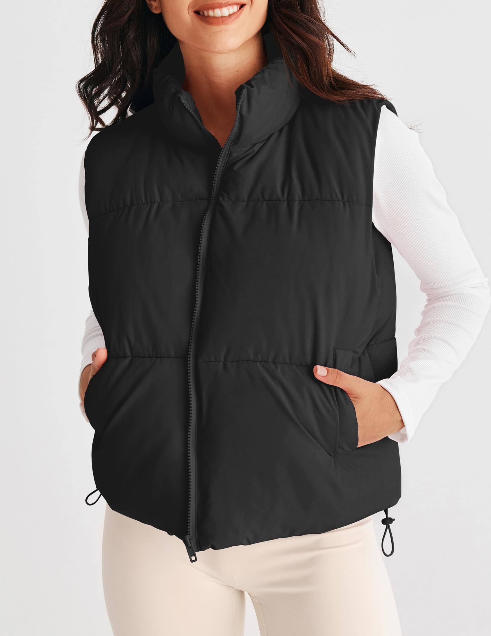 MEROKEETY Women's Quilted Puffer Vest Lightweight Stand-up Collar Soild Color Warm Outewear, Black, Large