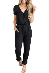 prettygarden women's summer casual deep v neck short sleeve wrap drawstring waist jumpsuit romper (black,small)