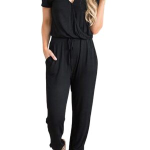 PRETTYGARDEN Women's Summer Casual Deep V Neck Short Sleeve Wrap Drawstring Waist Jumpsuit Romper (Black,Small)