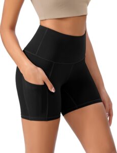 ododos 5" tummy control yoga shorts for women with pockets high waist athletic workout biker shorts, black, small