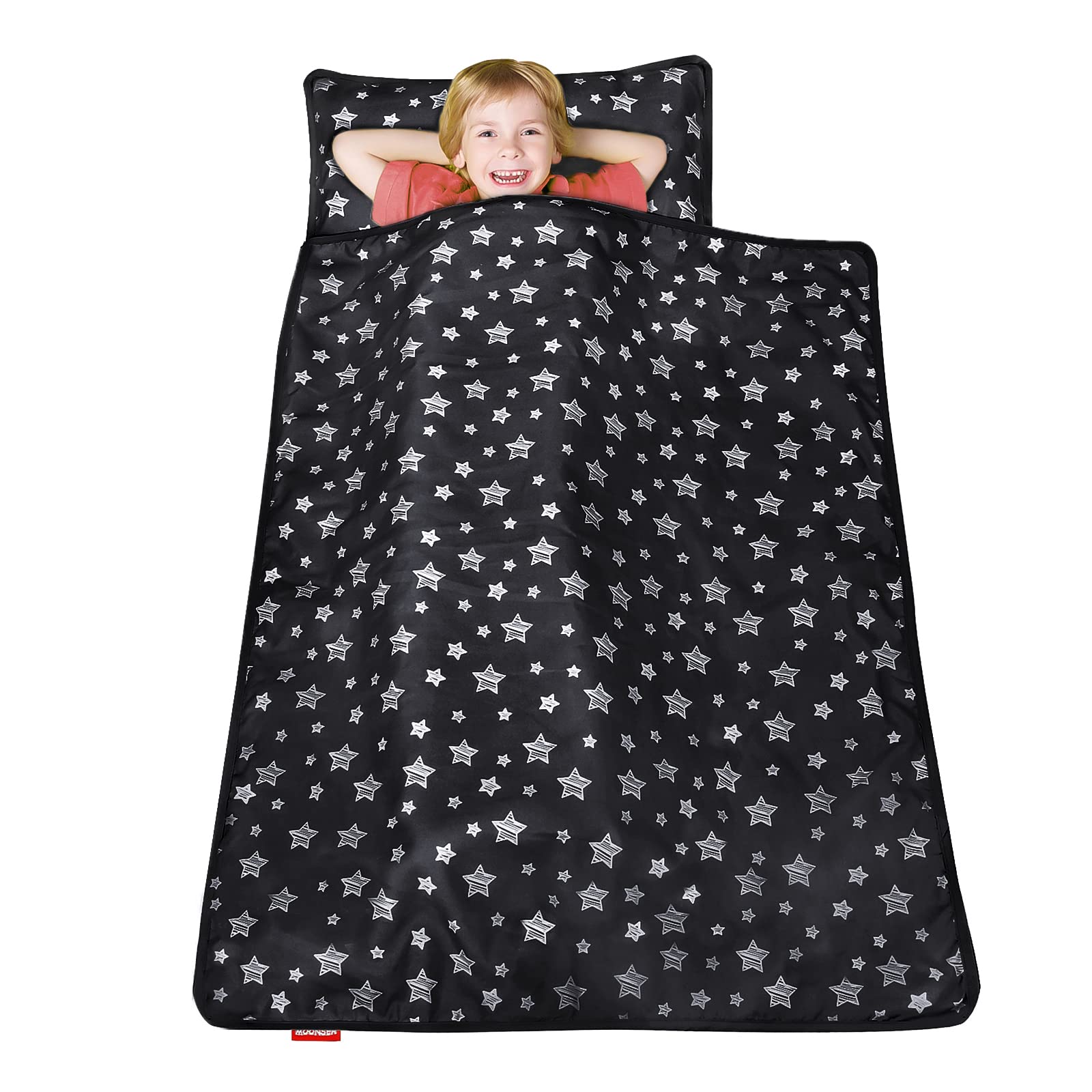 Toddler Sleeping Bag Nap Mat Black with Removable Pillow and Fleece Minky Blanket, Lightweight, Soft Perfect for Kids Preschool, Daycare, Travel Sleeping Bag Boys Girls, 21" x 50" Fit Standard Cot