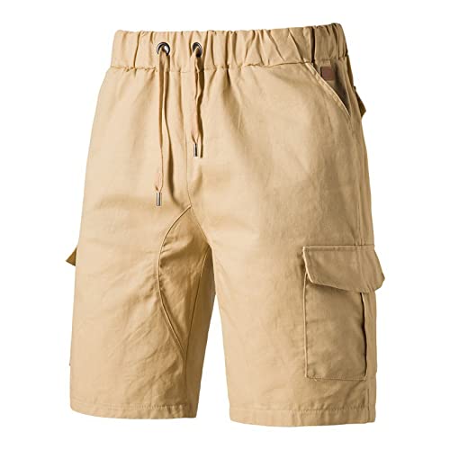 Men's Running Shorts 5 Inch Mens Elastic Waist Cargo Shorts Casual Drawstring Multi Pockets Cotton Linen Shorts Stylish Fashion Sport Shorts Linen Shorts for Women Loose Fit Khaki L