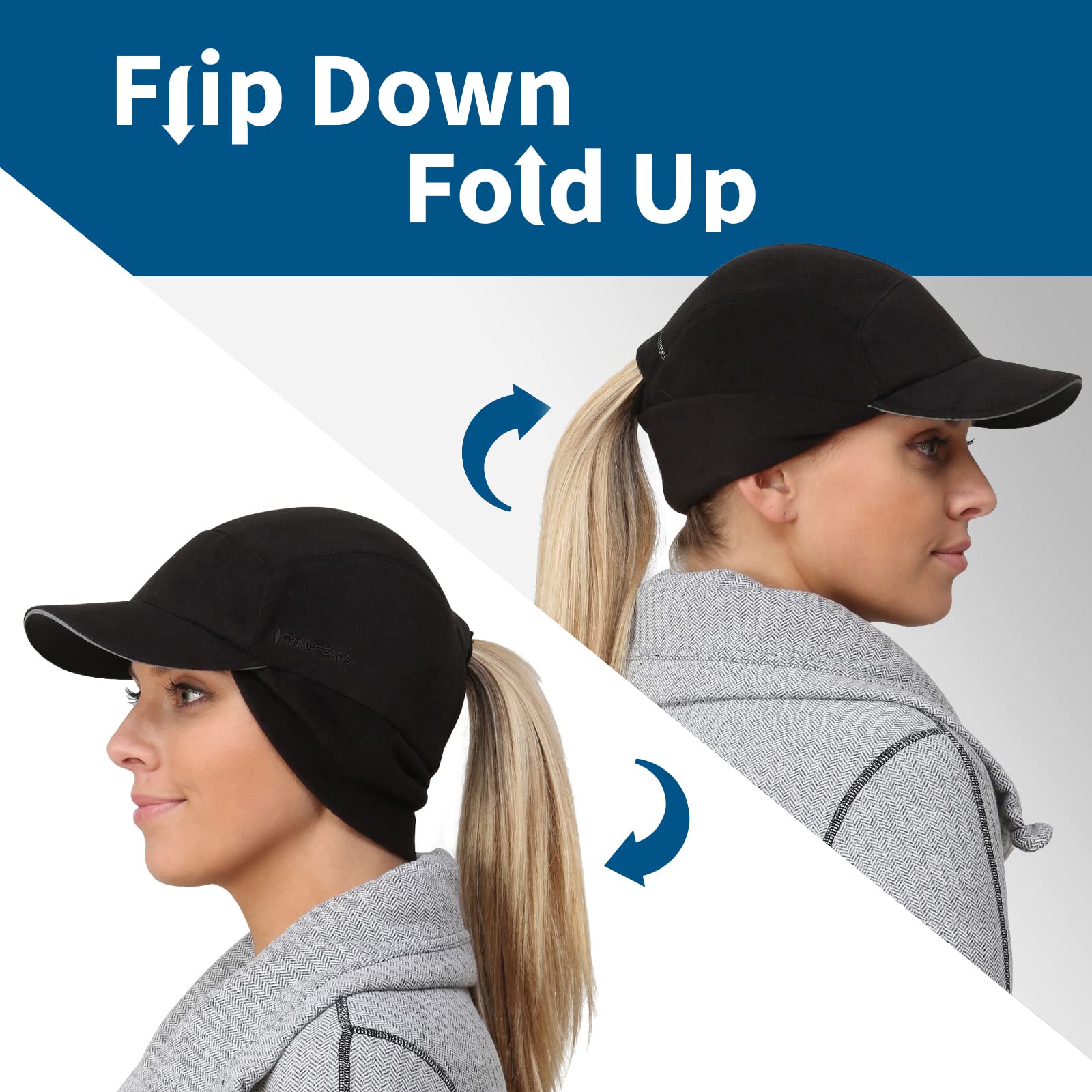 TrailHeads Fleece Ponytail Hat for Women – Trailblazer Reflective Winter Hat with Ponytail Hole for Workouts, Black 2-Pack