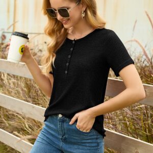 IWOLLENCE Womens Button Down Shirt Short Sleeve Henley Shirt Waffle Knit Tunic V Neck Tops Loose Fit Black Large