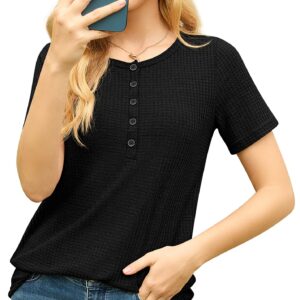 IWOLLENCE Womens Button Down Shirt Short Sleeve Henley Shirt Waffle Knit Tunic V Neck Tops Loose Fit Black Large