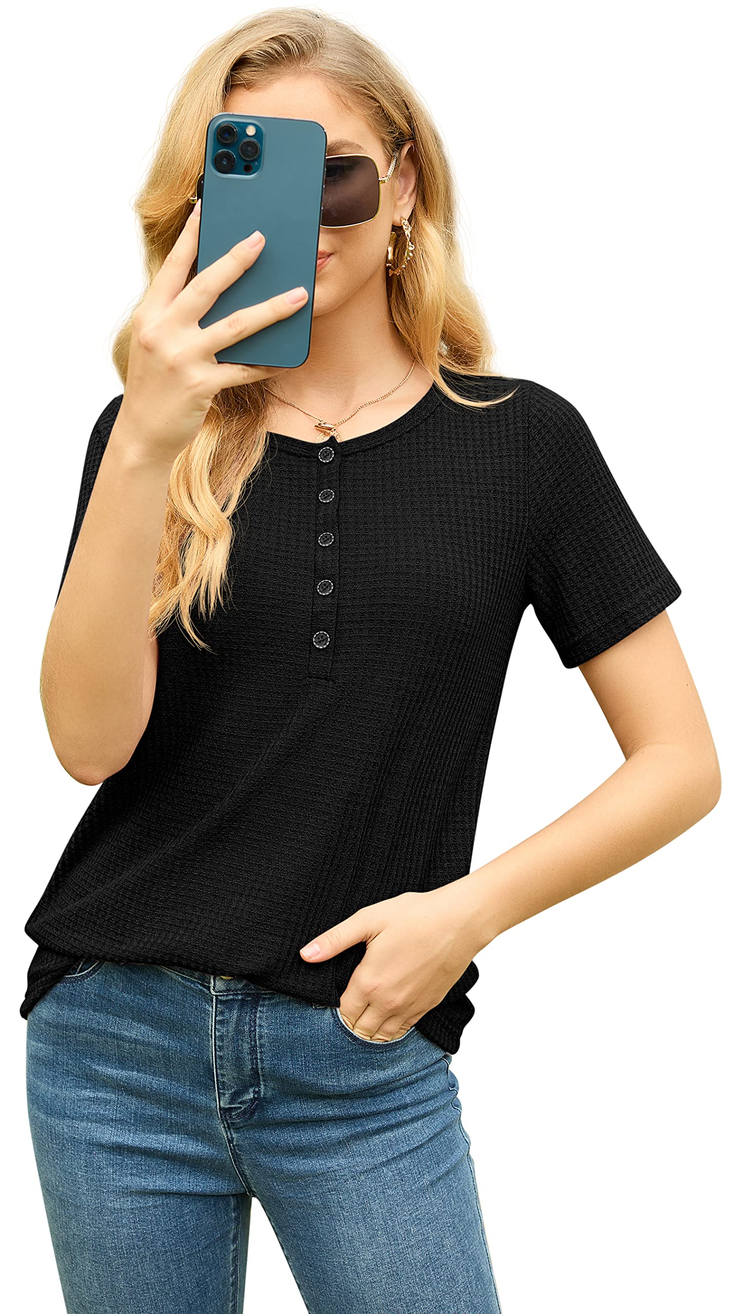 IWOLLENCE Womens Button Down Shirt Short Sleeve Henley Shirt Waffle Knit Tunic V Neck Tops Loose Fit Black Large