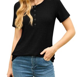 IWOLLENCE Womens Button Down Shirt Short Sleeve Henley Shirt Waffle Knit Tunic V Neck Tops Loose Fit Black Large