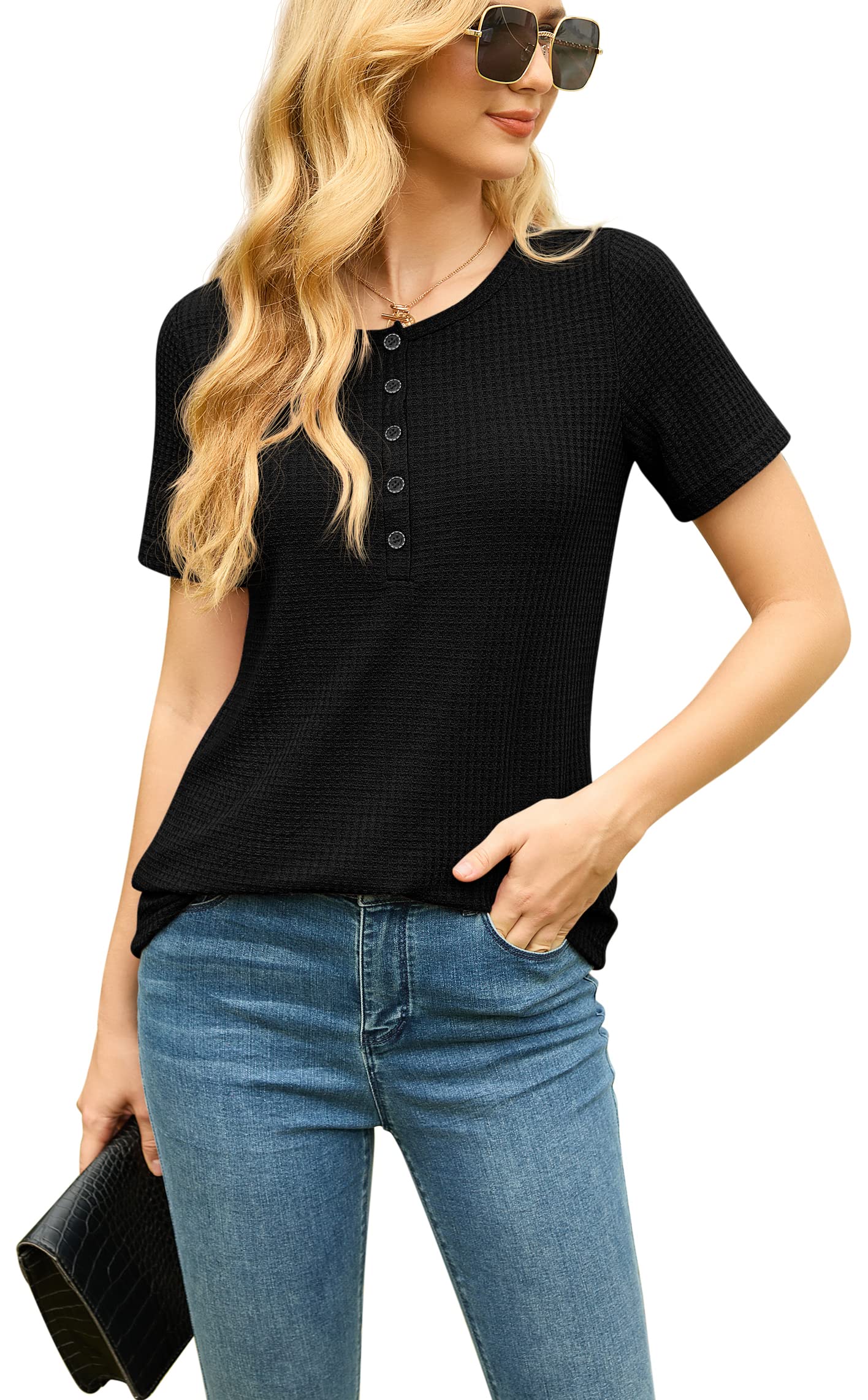 IWOLLENCE Womens Button Down Shirt Short Sleeve Henley Shirt Waffle Knit Tunic V Neck Tops Loose Fit Black Large