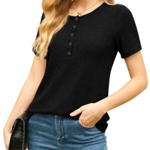 IWOLLENCE Womens Button Down Shirt Short Sleeve Henley Shirt Waffle Knit Tunic V Neck Tops Loose Fit Black Large