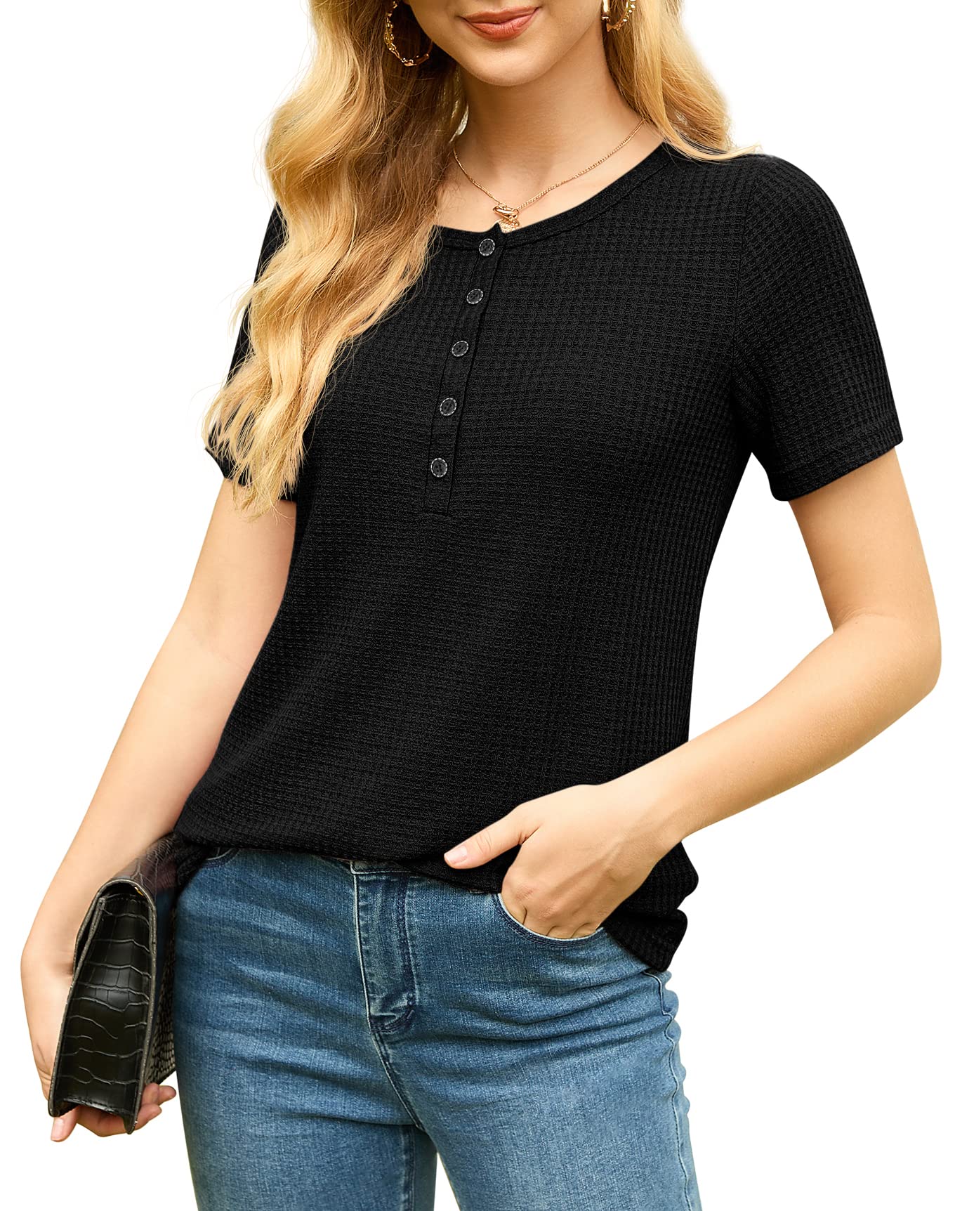 IWOLLENCE Womens Button Down Shirt Short Sleeve Henley Shirt Waffle Knit Tunic V Neck Tops Loose Fit Black Large