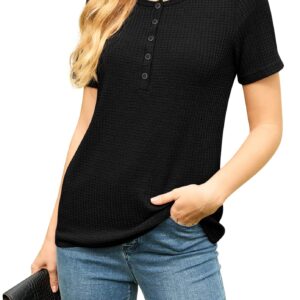 IWOLLENCE Womens Button Down Shirt Short Sleeve Henley Shirt Waffle Knit Tunic V Neck Tops Loose Fit Black Large