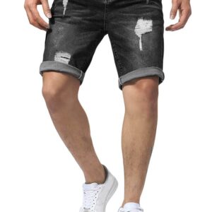 JMIERR Mens Shorts Casual Denim Stretch Slim Fit Washed Distressed Rolled Ripped Jean Shorts for Men US 36(L) Model B Black