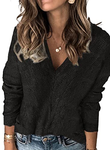 EVALESS Women's Cute Long Sleeve Striped Sweaters Fall V Neck Sweater Tops 2023 Color Block Loose Knitted Pullover Sweaters Black Small