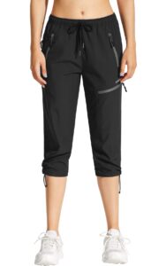 mocoly women's hiking capris pants outdoor lightweight quick dry water resistant upf 50 cargo pants with zipper pockets black m