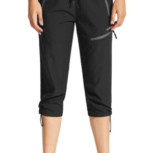 MOCOLY Women's Hiking Capris Pants Outdoor Lightweight Quick Dry Water Resistant UPF 50 Cargo Pants with Zipper Pockets Black M