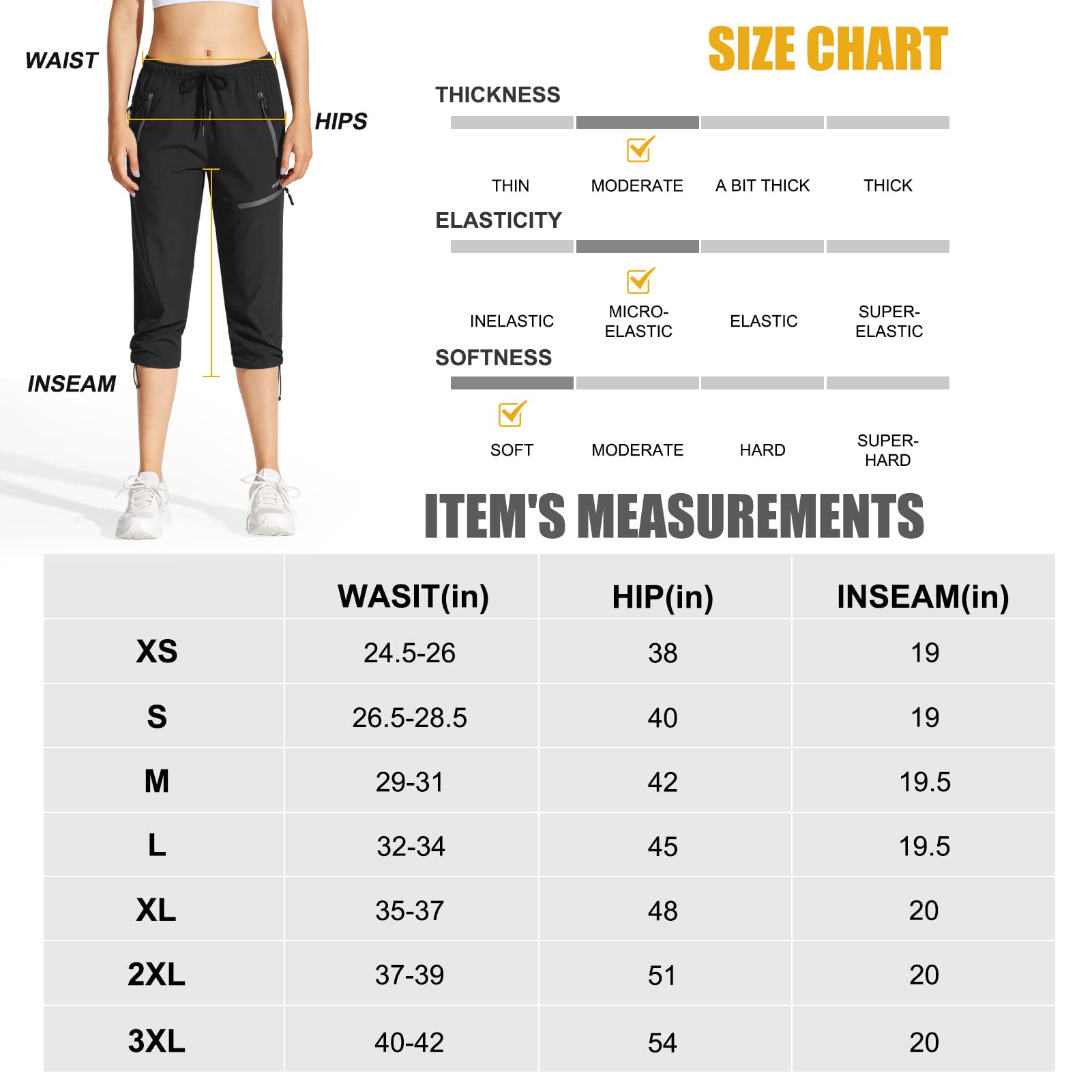 MOCOLY Women's Hiking Capris Pants Outdoor Lightweight Quick Dry Water Resistant UPF 50 Cargo Pants with Zipper Pockets Black M