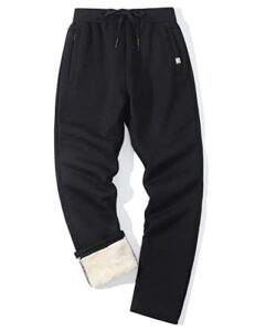 flygo men's winter warm active fleece joggers pants athletic sherpa lined sweatpants(02 black-l)