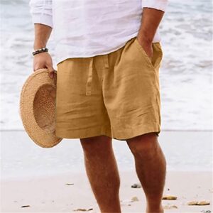 Athletic Shorts Mens Men Linen Shorts Elastic Waist Drawstring Cotton Linen Shorts with Pockets Loose Fit Outdoor Summer Beach Shorts White Linen Shorts Men 7 Inch Inseam Yellow 5X