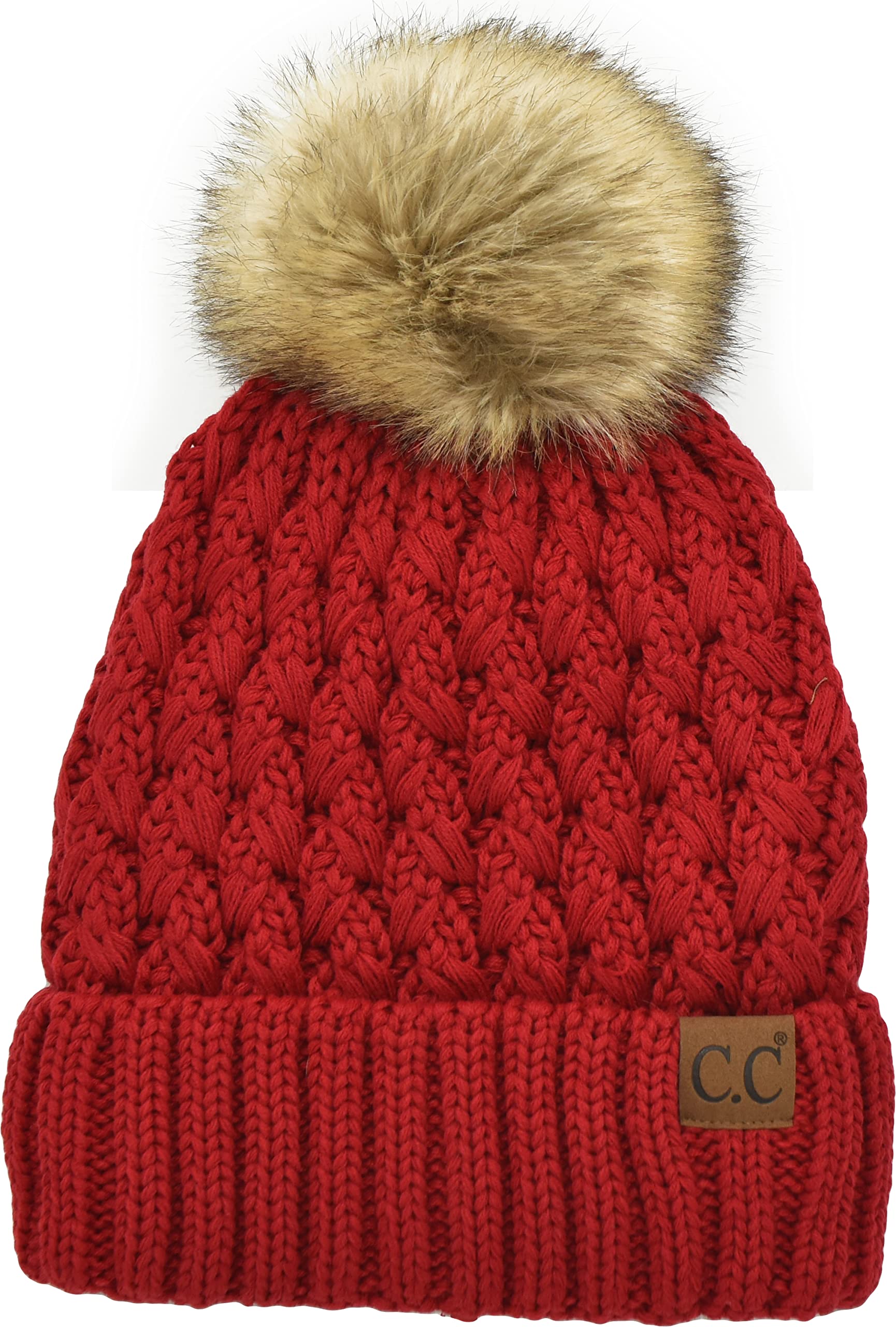 C.C Women’s Winter Cable Sherpa Fleece Lined Ribbed Beanie Lattice Braided Knit Crossover Stitch Faux Fur Pom Soft Warm Hat Red