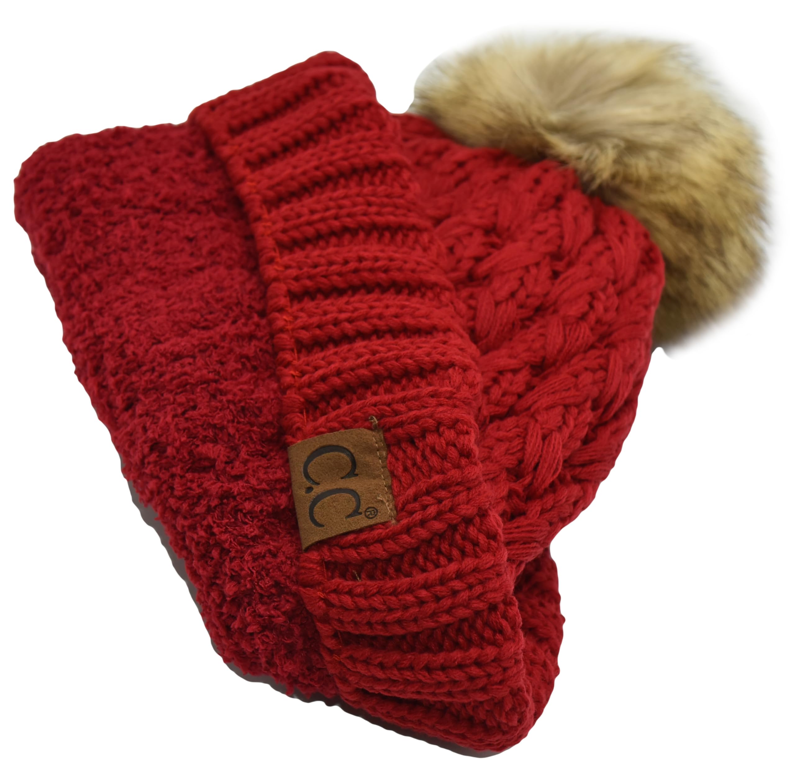 C.C Women’s Winter Cable Sherpa Fleece Lined Ribbed Beanie Lattice Braided Knit Crossover Stitch Faux Fur Pom Soft Warm Hat Red