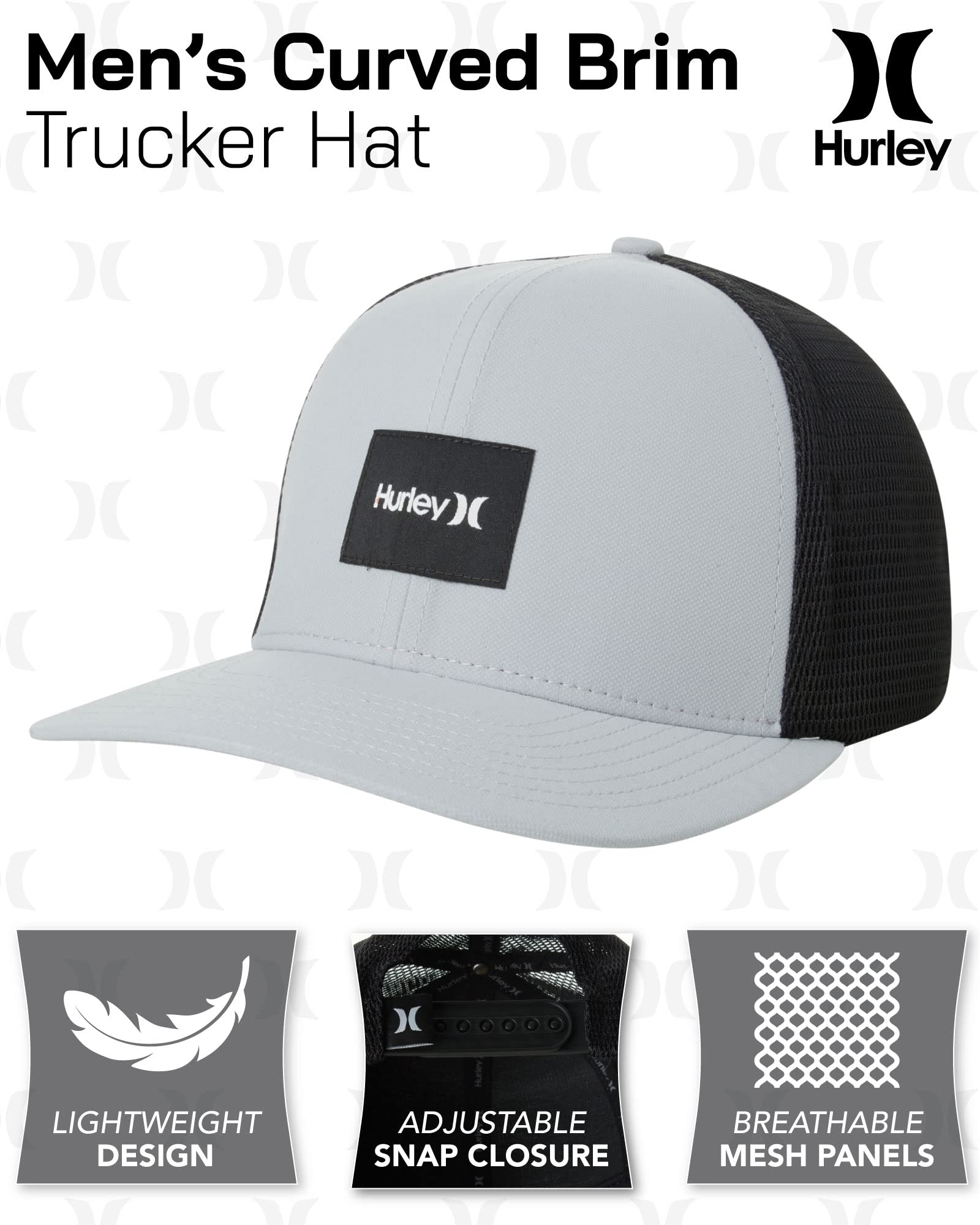 Hurley Men's Caps - Fairway Trucker Mesh Panel Baseball Cap Trucker Hat - Snap Back Hats for Men, Cool Grey/Black