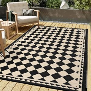 hugear outdoor rug for patios clearance,waterproof mat,large outside carpet,reversible plastic straw camping rugs,rv,porch,deck,camper,balcony,backyard (5x8,checkered/black&beige)