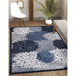 CAMILSON Indoor/Outdoor Rug, Navy Blue 5x7 Floral Exotic Tropical Area Rugs for Indoor and Outdoor patios, Easy-Cleaning Non-Shedding Living Room, Garden and Kitchen Washable Outside Carpet (5 x 7)