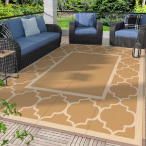 genimo 6' x 9' outdoor rug waterproof for patio decor, foldable reversible plastic straw area rugs mat for camper, outside carpet for rv, deck, porch, picnic, beach, balcony, brown & beige