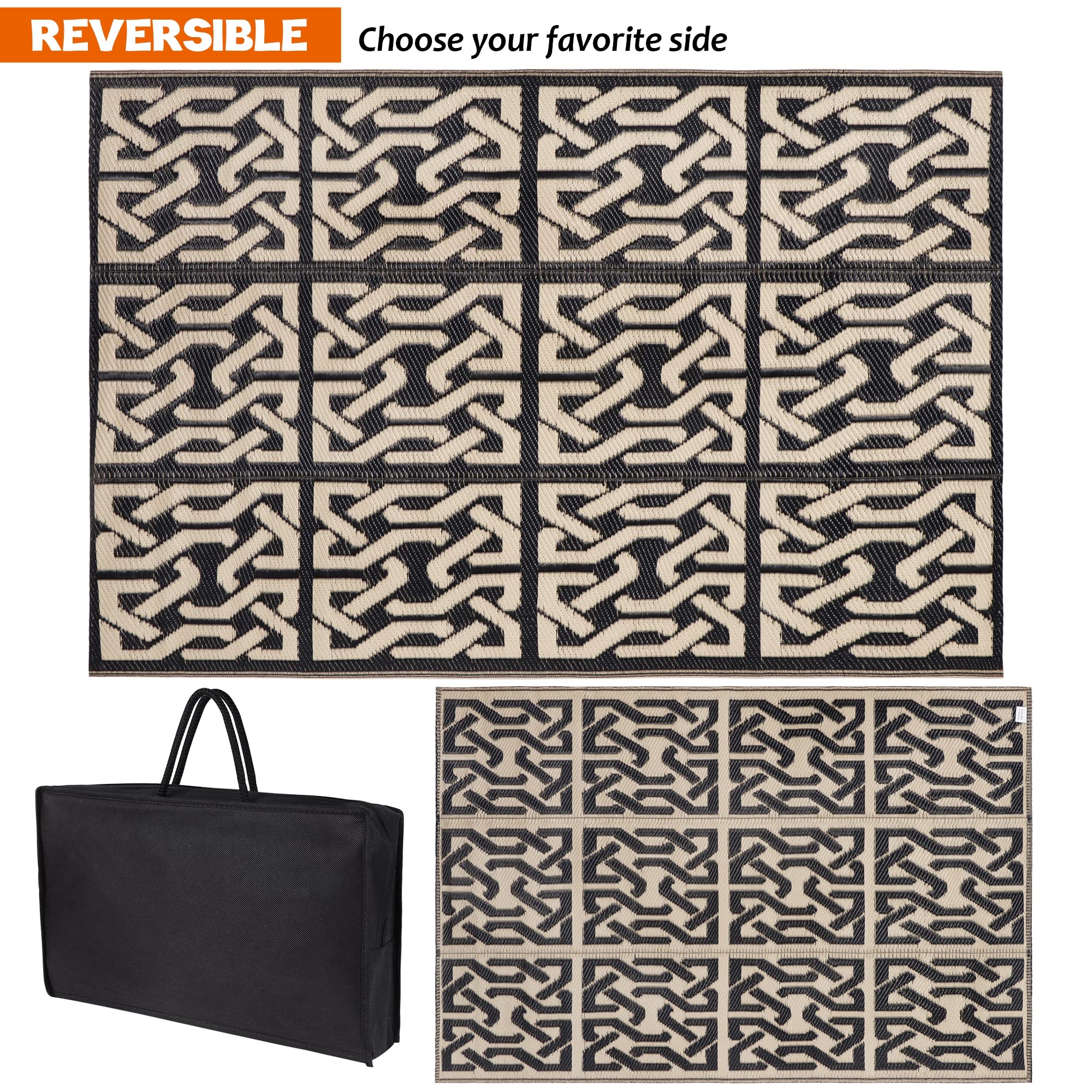 SAND MINE Reversible Mats, Plastic Straw Rug, Modern Area Rug, Large Floor Mat and Rug for Outdoors, RV, Patio, Backyard, Deck, Picnic, Beach, Trailer, Camping (4' x 6', Black & Beige)