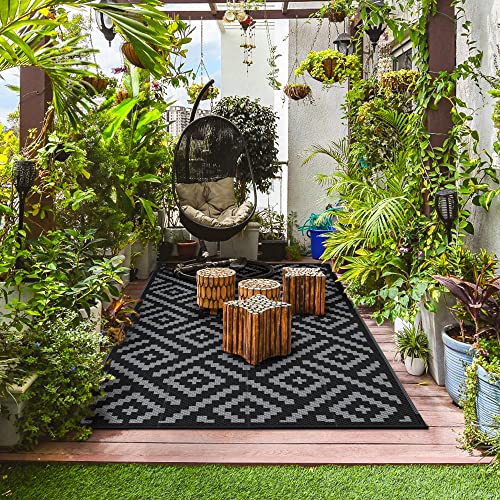 GENIMO Outdoor Rug for Patio Clearance,5'x8' Waterproof Mat,Reversible Plastic Camping Rugs,Rv,Porch,Deck,Camper,Balcony,Backyard,Black & Gray