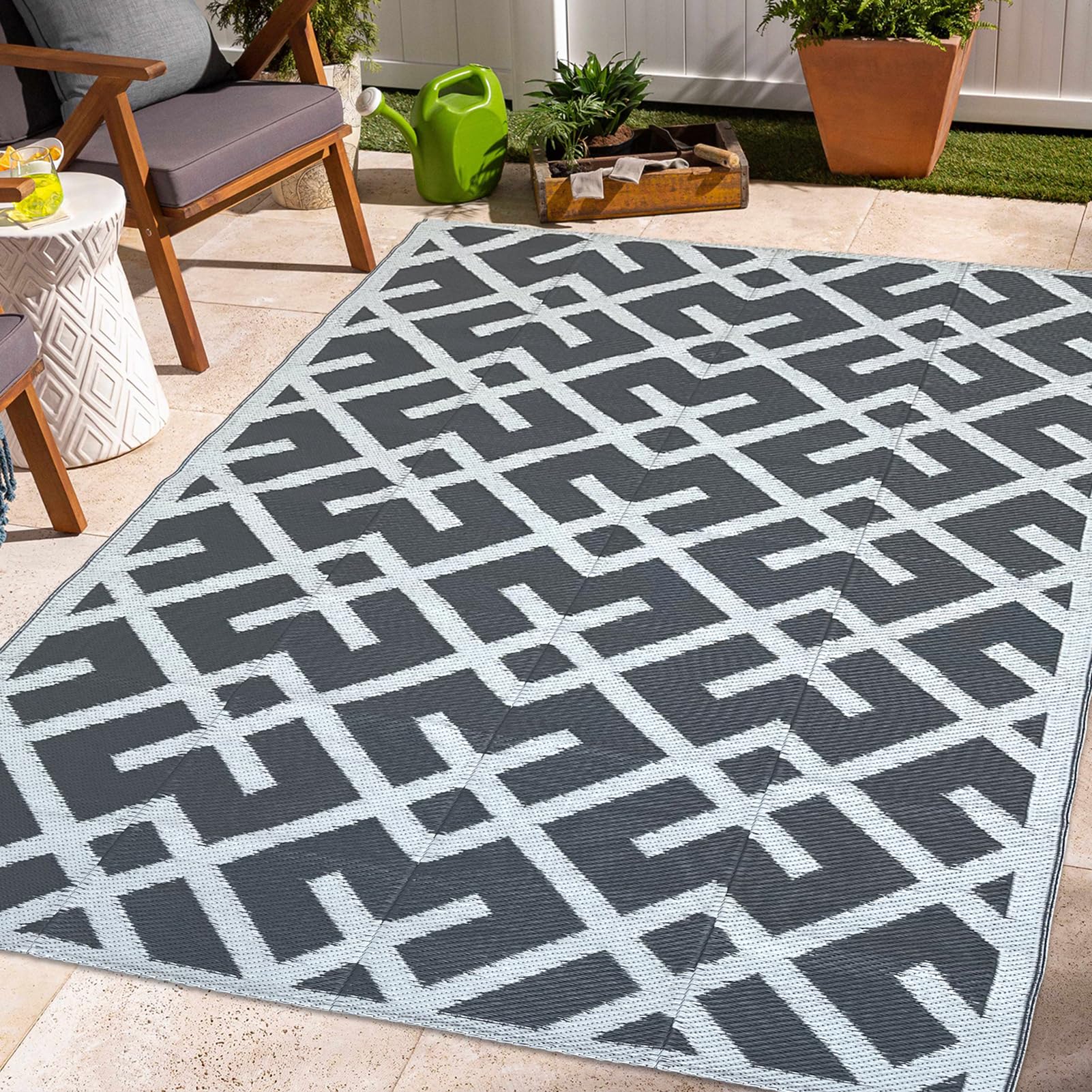 GEUOYEE Reversible Mats - Outdoor Rugs for Patio Clearance, 5'x8' Plastic Straw Rug Waterproof, Outside Indoor Outdoor Area Rug for RV, Backyard, Deck, Picnic, Beach, Trailer, Camping (Grey)