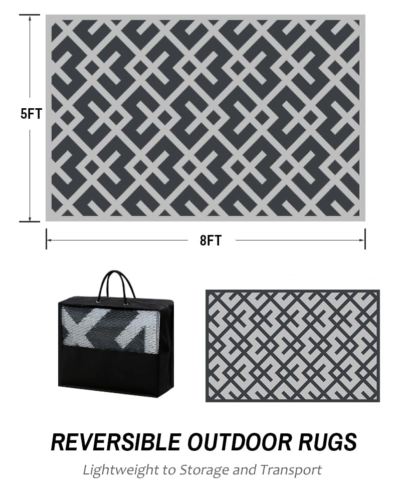 GEUOYEE Reversible Mats - Outdoor Rugs for Patio Clearance, 5'x8' Plastic Straw Rug Waterproof, Outside Indoor Outdoor Area Rug for RV, Backyard, Deck, Picnic, Beach, Trailer, Camping (Grey)